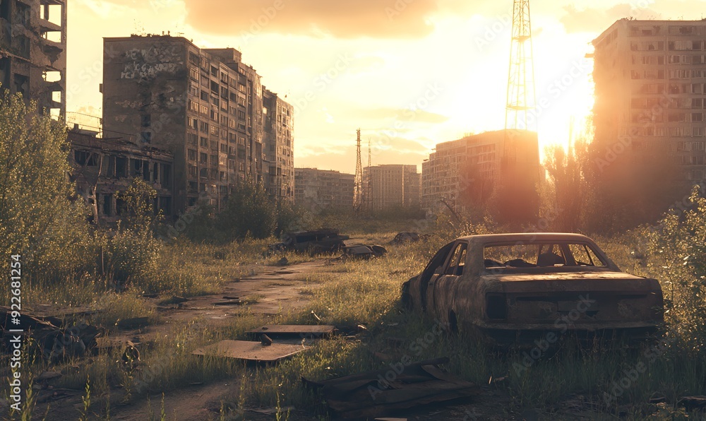 Overgrown abandoned city street at sunset. Ruined skyscrapers in post apocalyptic cityscape ...