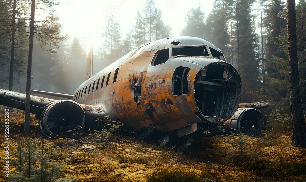 Airplane ruins in the forest. Crashed plane wreck in meadow. Aviation ...