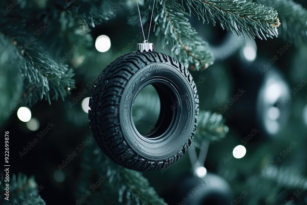 Black car tire hanging as christmas tree ornament Stock Photo | Adobe Stock