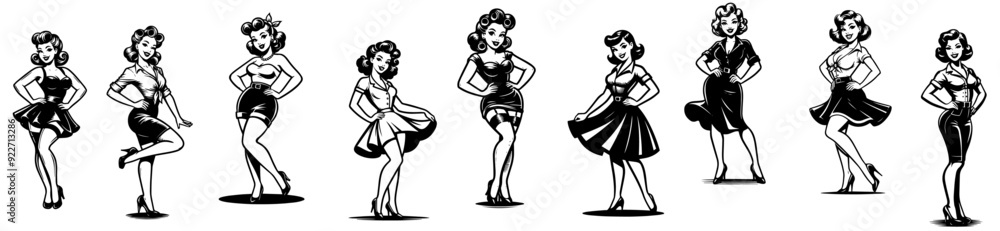 pinup girl, beauty pin-up woman retro style black vector transparent ...