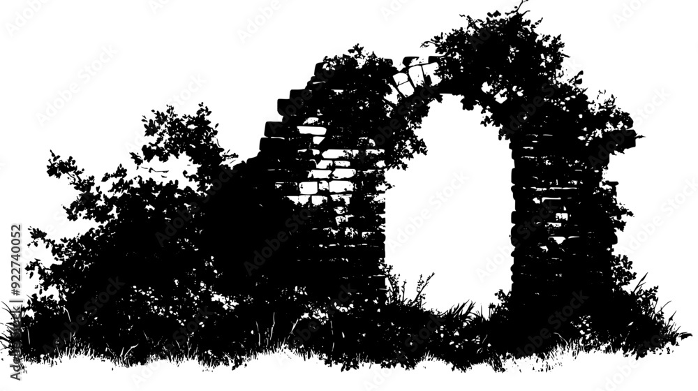 Crumbling stone walls and archways of an ancient structure overgrown ...
