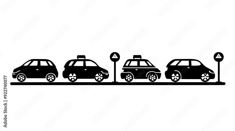 Designated taxi area with several taxis parked in line, showing ...
