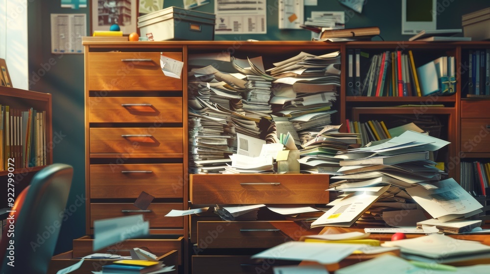 A chaotic office space with an overflow of documents and reports ...