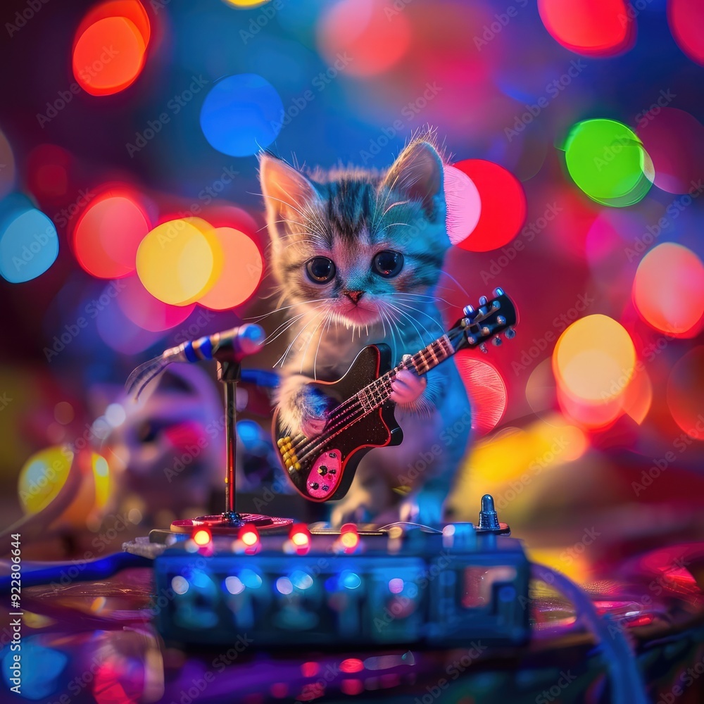 Kitten with a tiny guitar, performing on a miniature stage with vibrant lights and an audience ...