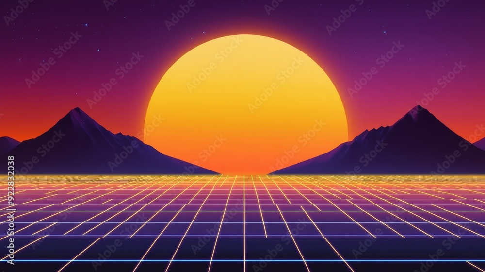 Classic 80s neon grid design with a large sun at the horizon, warm neon ...