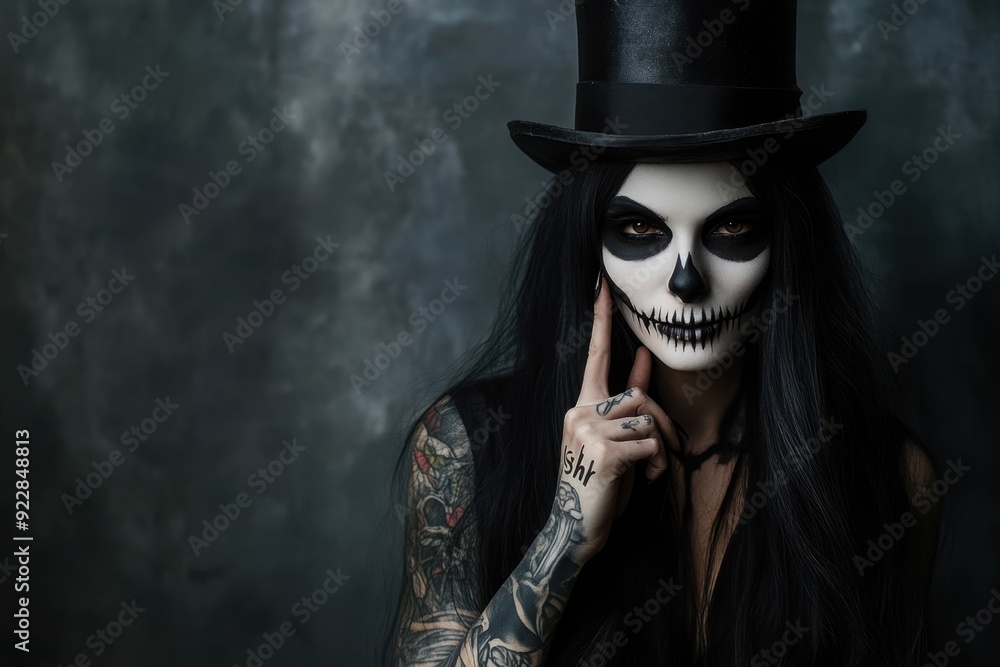 Beautiful woman with long black hair and skull face makeup, tattooed ...