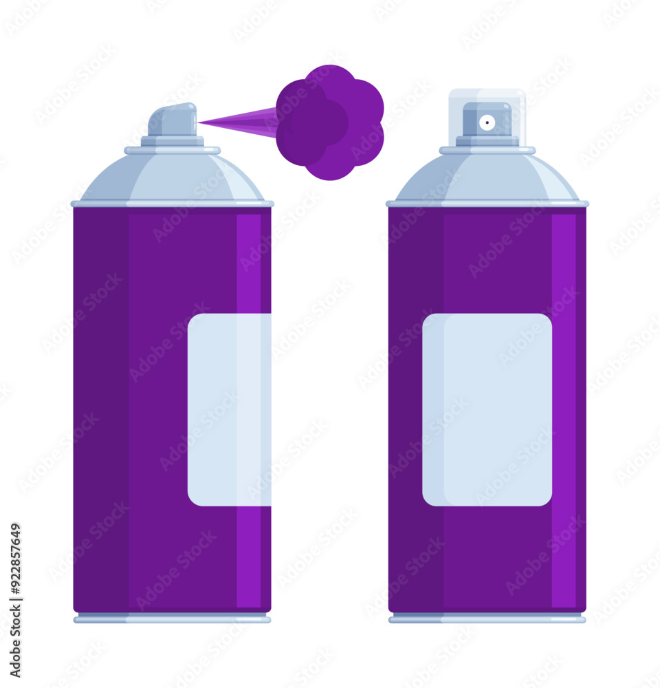 Set of purple spray paint cans with silver caps, one spraying paint ...