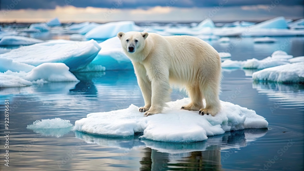 Polar bear stranded on a melting ice floe in the Arctic Ocean, polar ...