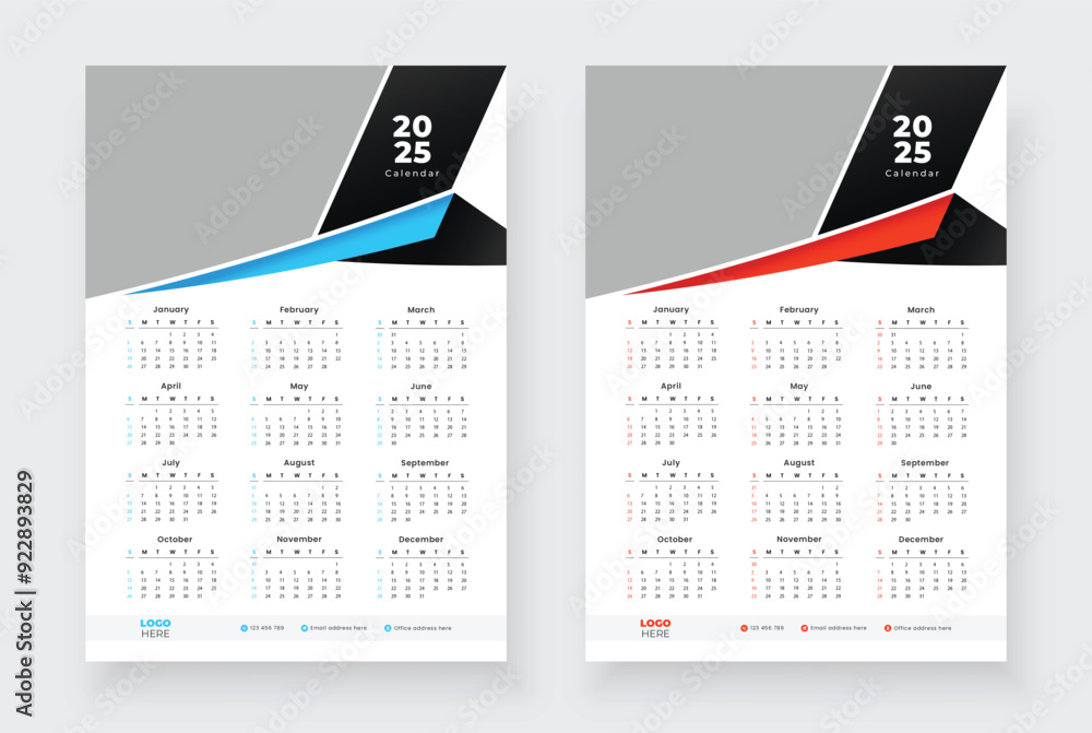 2025 one page calendar design template, Week starts on Sunday, Modern ...