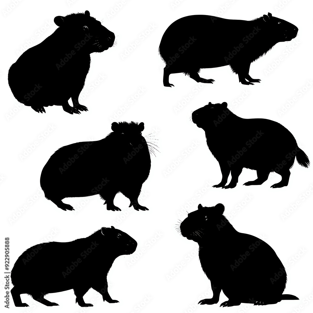 Capybara black silhouettes outline illustration collection, set of ...