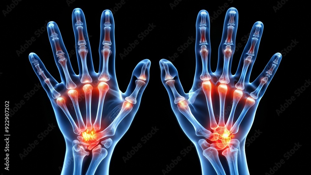 Detailed X-ray of human hands with highlighted joints showing ...