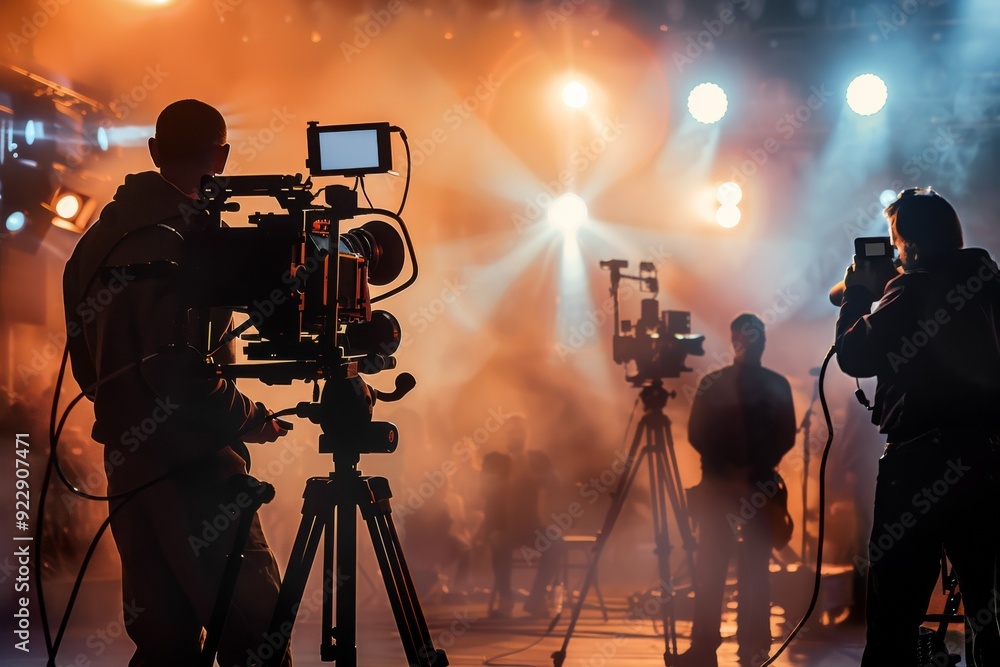 Cinematic Film Crew Working on Stage with Cameras and Lights in a Foggy ...