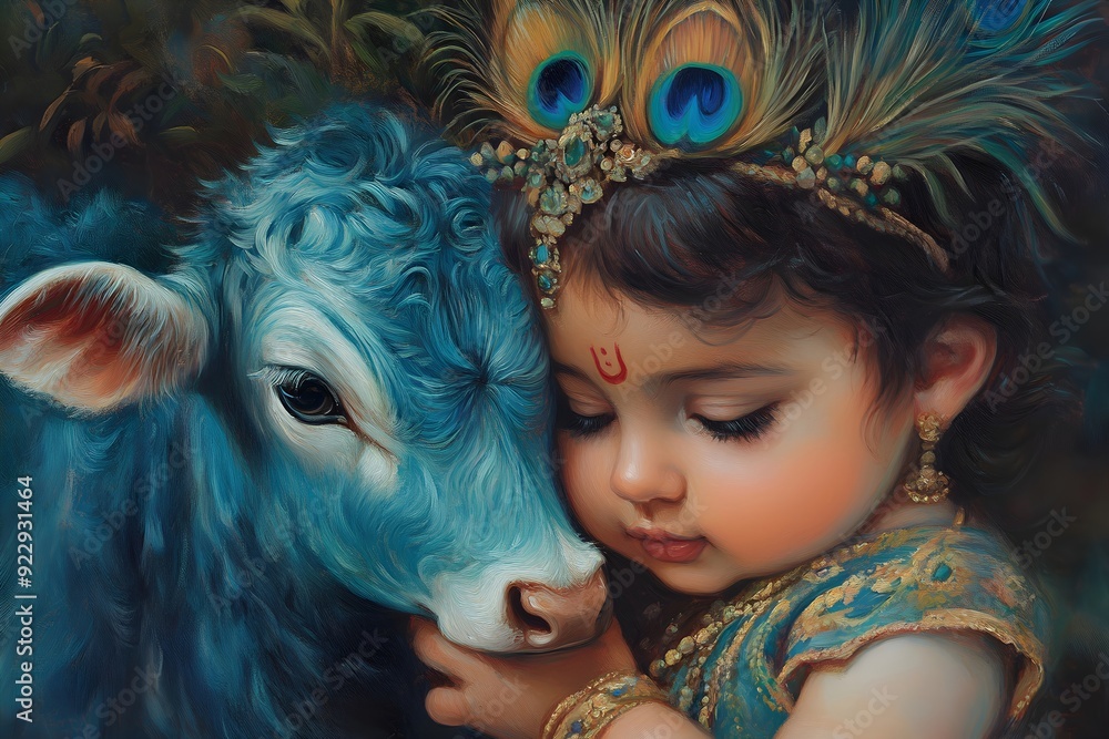 Cute little baby Krishna with sacred cow. Hindu god Lord Krishna with ...
