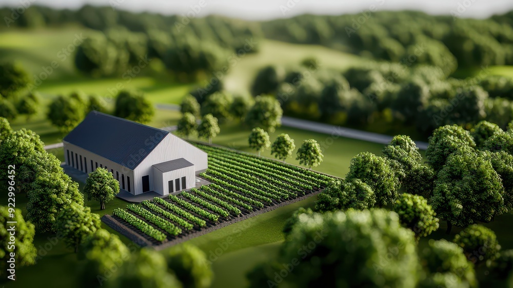 Aerial view of a sustainable farm producing biomass crops, with a focus ...