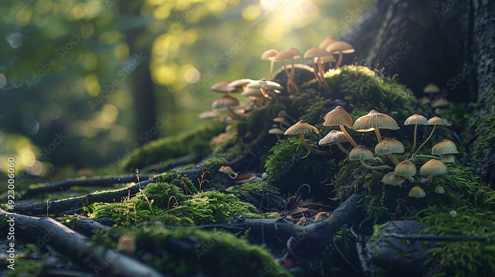 4. Enchanting macro shot of mushrooms growing amidst moss and tree ...