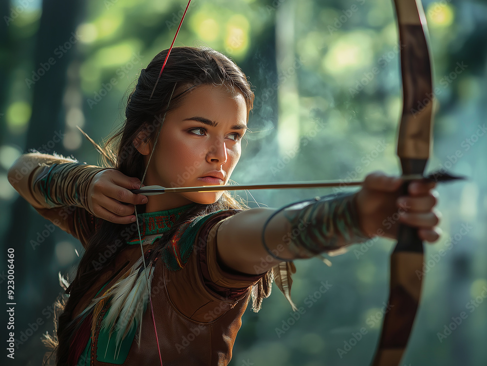 Female archer drawing a bow in a forest setting, symbolizing focus ...