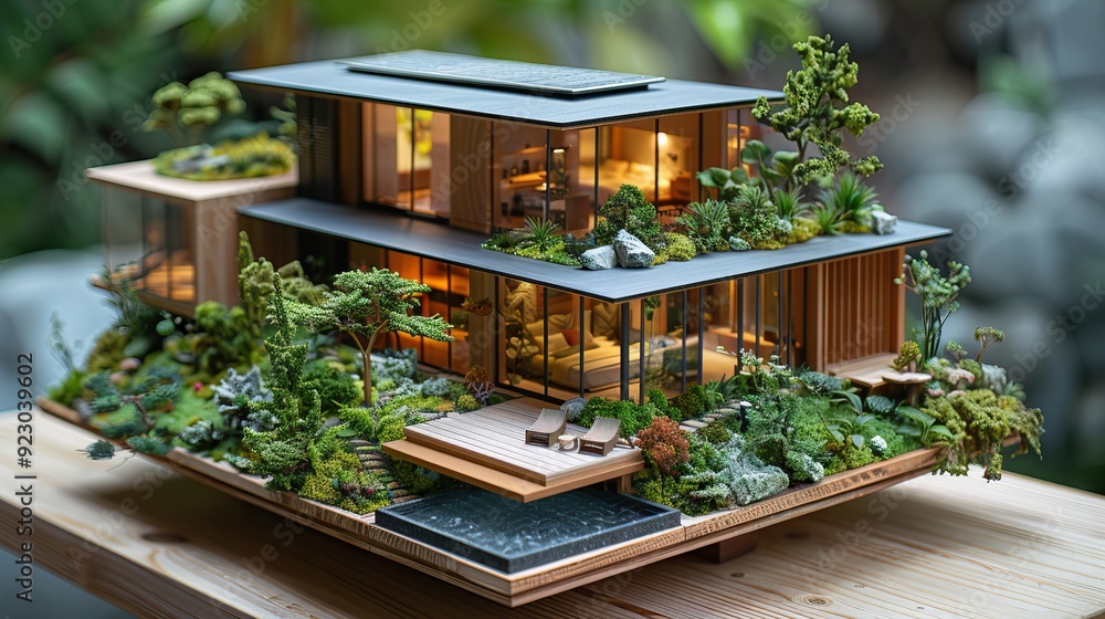 Miniature model of multi-level wooden house Architectural design Lush ...