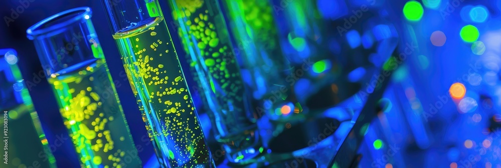 Bacterial cell pellets in Eppendorf tubes illuminated by blue light ...