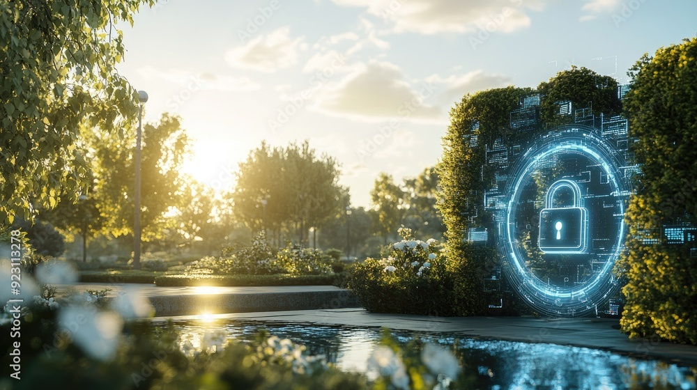 Cyber security and data protection concept with a 3D lock, set in a ...