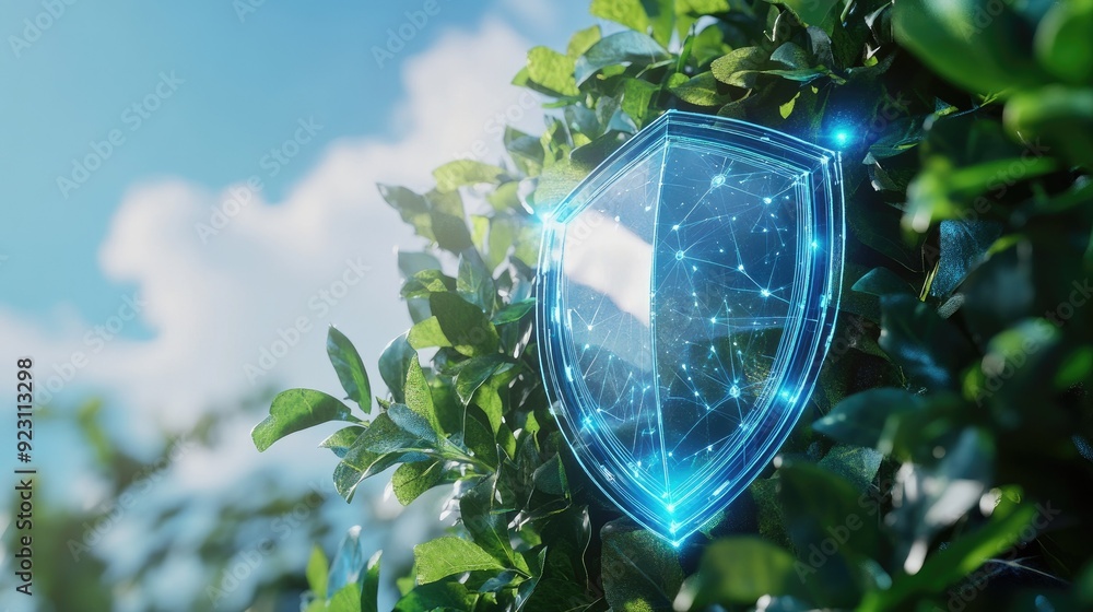 Cyber security shield hovering over a garden with a clear blue sky ...