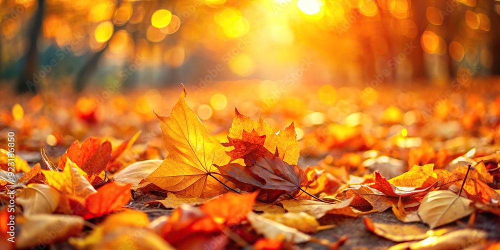 Vibrant orange and yellow fallen leaves scatter on the ground, creating ...