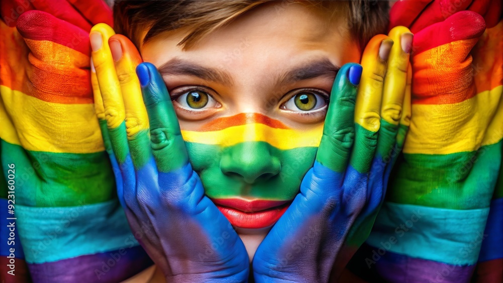 Vibrant colors of the pride flag splashed across a young person's face ...
