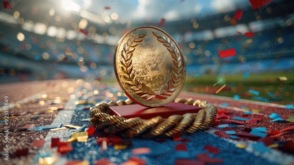 Olympic Gold Medal on Podium with Confetti in Stadium during Victory ...