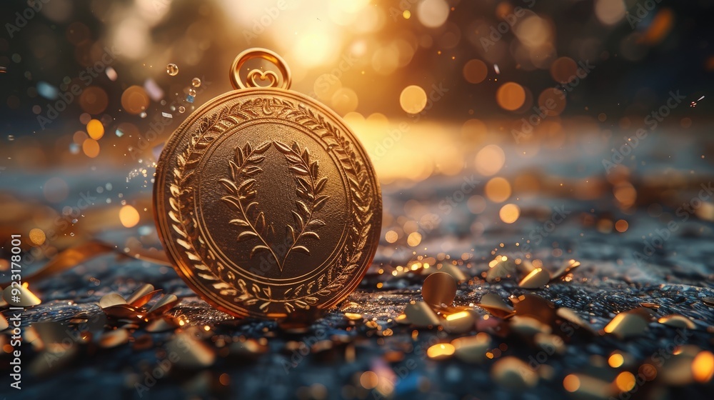 Olympic Gold Medal on Podium with Confetti in Stadium during Victory ...