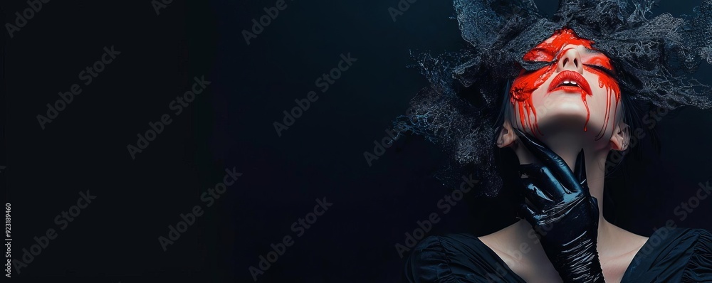 Mysterious vampire woman, fangs delicately exposed, adorned in ...