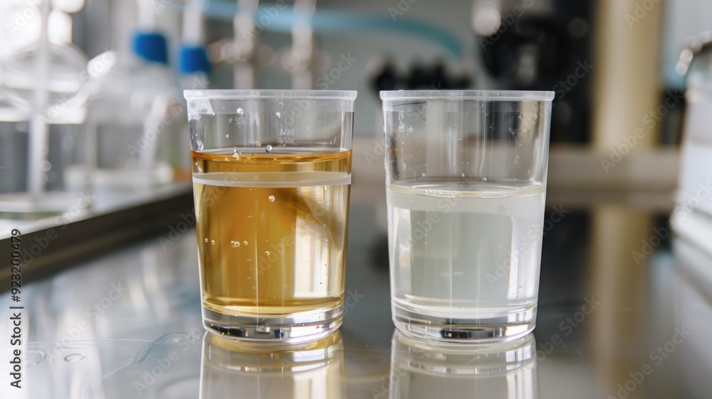 Comparison of water before and after filtration, showing clear and ...