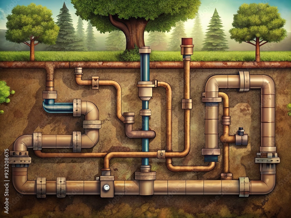sewerpipe routing diagram illustration earthy tones pipe clogs stasis ...