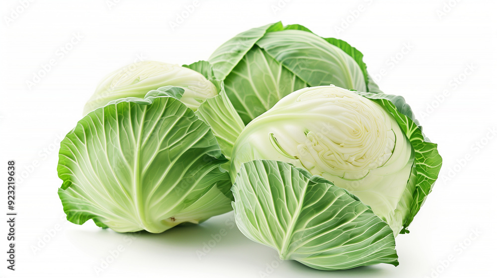 Three heads of fresh cabbage with bright green leaves lie on a white ...