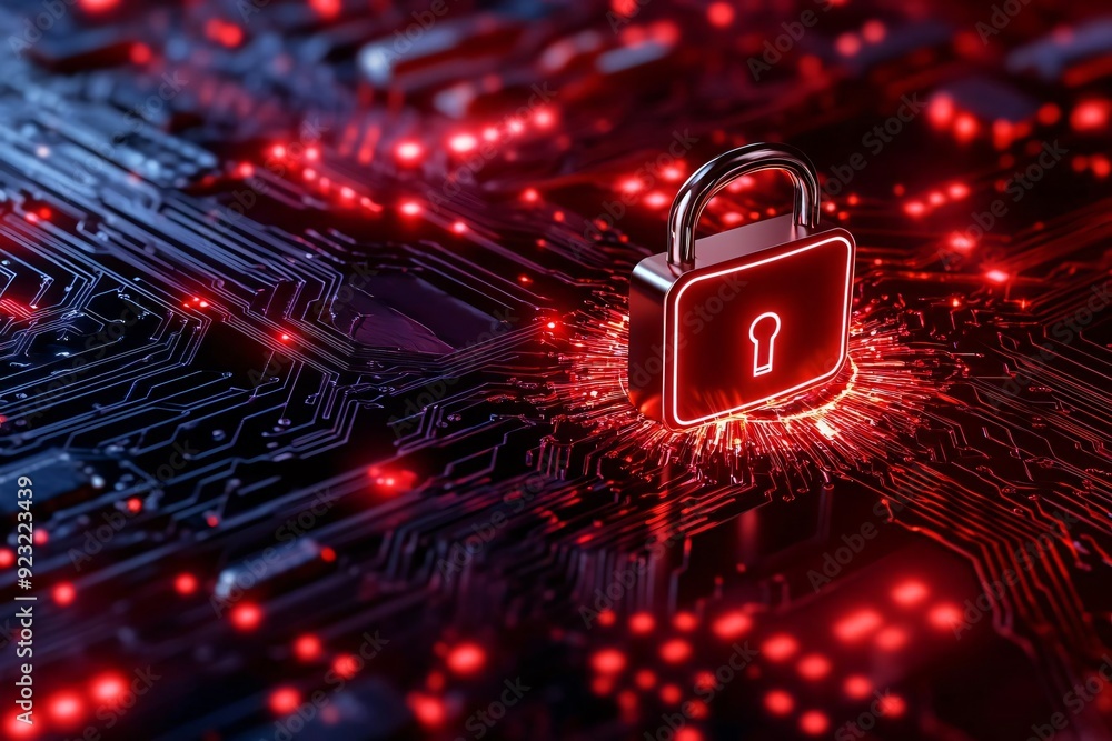 Digital lock symbolizing cyber security on a circuit board with glowing ...