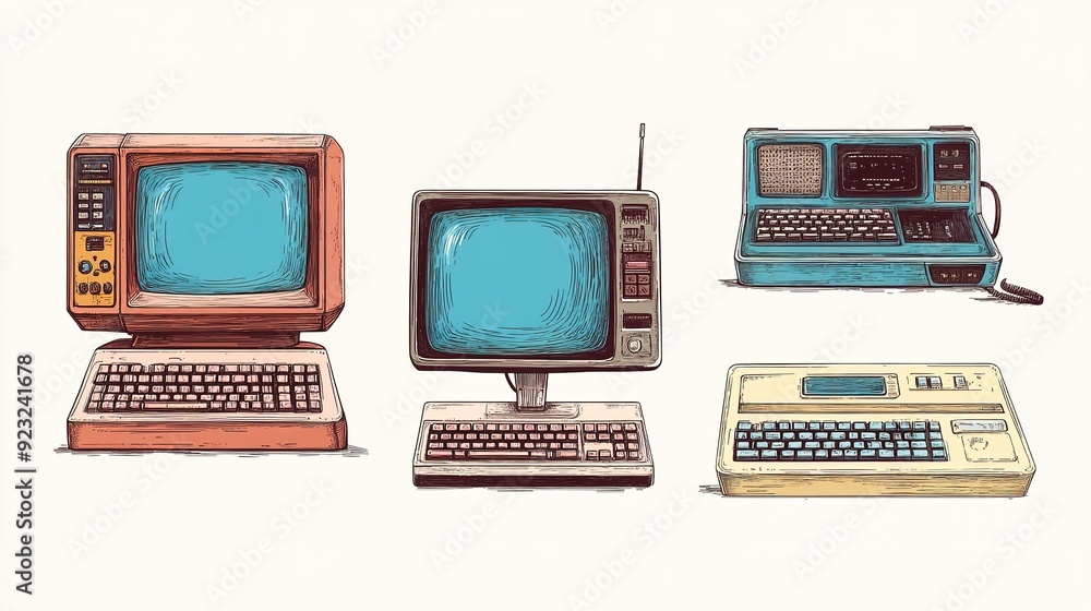 Retro vintage Computers set. Old PC with monitor, keyboard. Old style ...