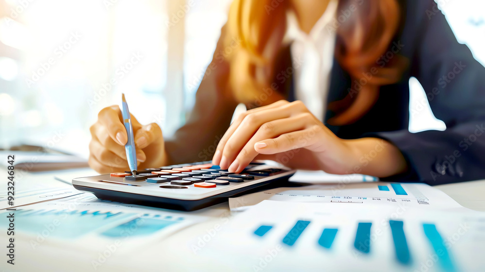 Businesswoman calculating currency conversions with a digital tool ...
