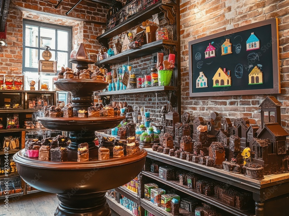 Chocolate shop with brick walls, shelves filled with chocolate and ...