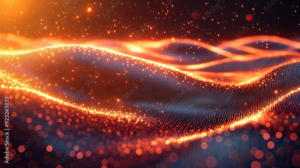 On a warm-toned bokeh background, abstract network lines and bright ...