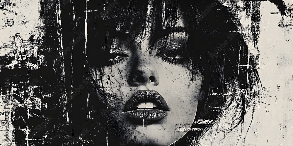 Vintage 90s female portrait in monochromatic mezzotint photocopy style ...