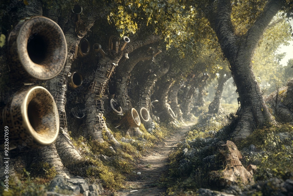 Surrealistic depiction of a forest where trees are made of musical ...