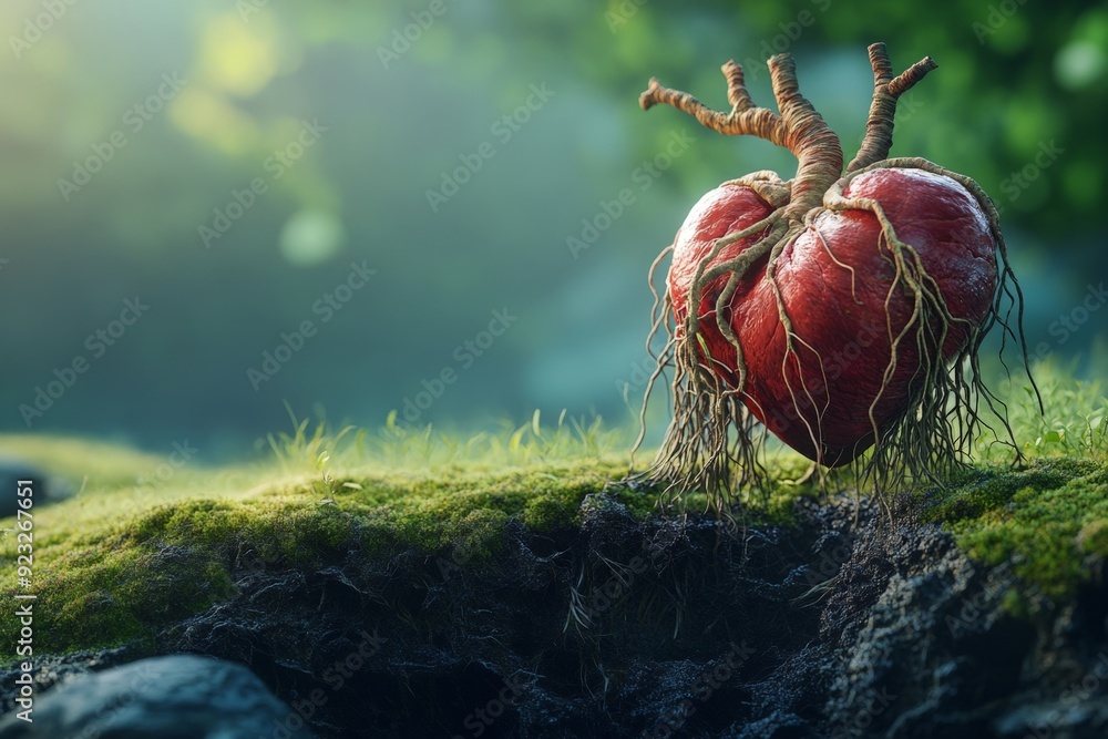 Surrealistic artwork of a human heart with roots growing into the ...