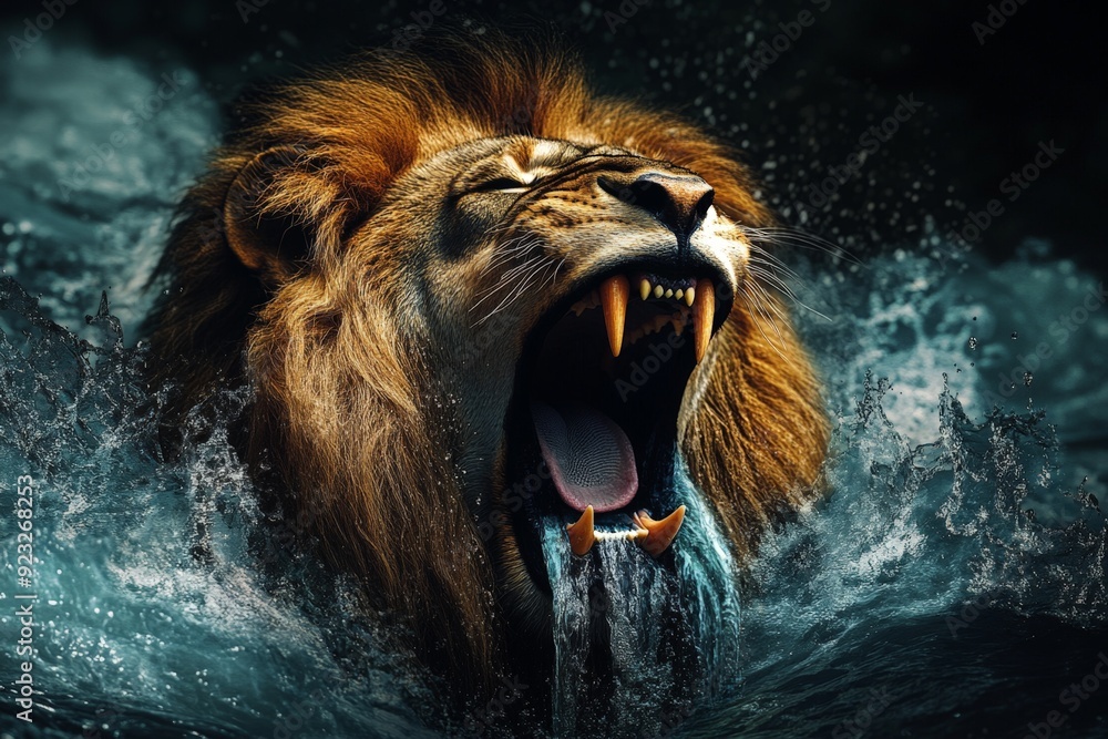 Surrealistic image of a lion roaring with a river flowing out of its ...