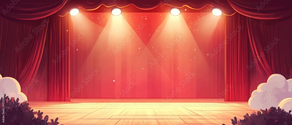 Theater stage with red curtains and spotlights. Vector cartoon ...