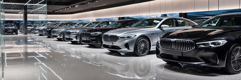 Sleek lineup of modern luxury vehicles is displayed in sophisticated ...