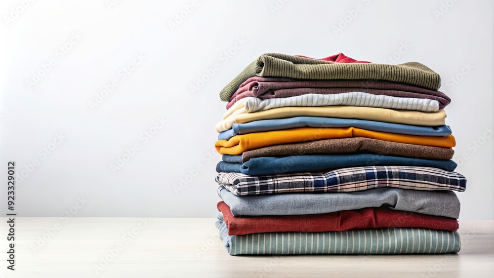 Stack of various folded clothes on white background, laundry ...