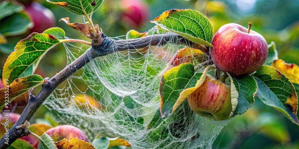 Apple leaves covered in spider webs with various pests, summer, apple ...