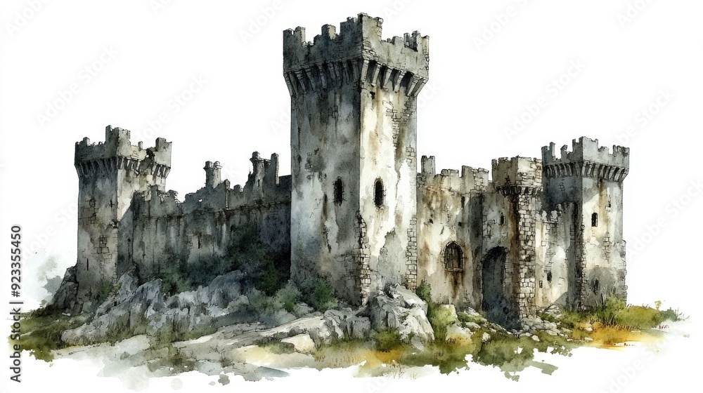 Enchanting fantasy castle with crumbling ancient stone walls turrets ...