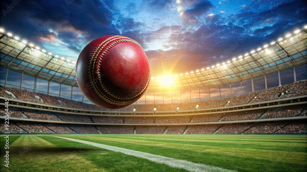 Hard ball flying across cricket stadium pitch, cricket, stadium, sports ...
