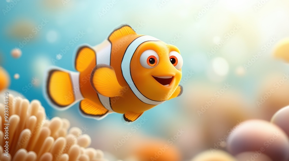 A cheerful and animated cartoon clownfish with bright colors and wide ...