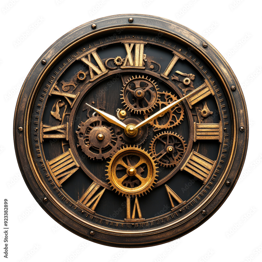 ภาพถ่าย Stock Vintage steampunk clock with exposed gears and Roman numerals | Adobe Stock