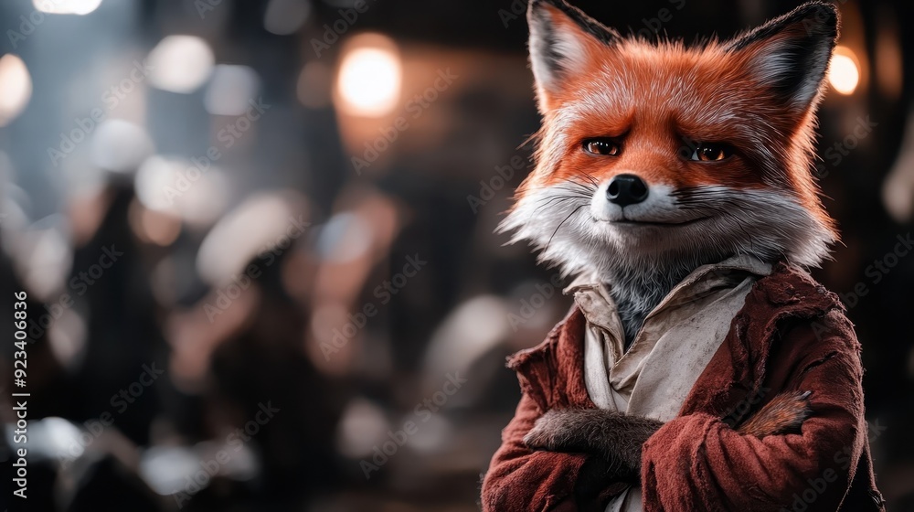 Intricately designed anthropomorphic fox character stands confidently ...